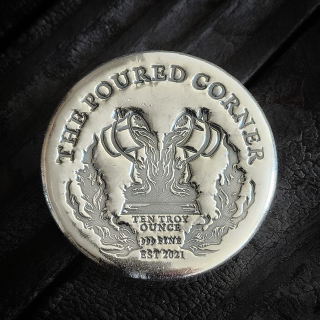 The Poured Corner 10 troy ounce button – Reckless Metals